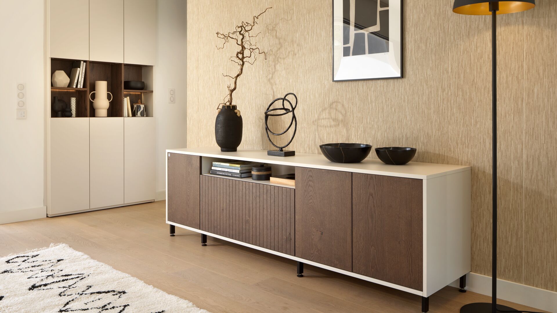 Meuble bas de salon beige et bois | SCHMIDT